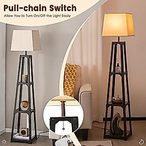 Tangkula Shelf Floor Lamp, 3 Tier Display Floor Lamp with Storage Shelves and Linen Lampshade, Modern Standing Lamp for Living Room Bedroom Office Decor, 63" Tall Corner Shelf Lamp, Black (Square)