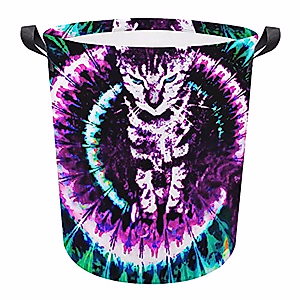 Colorful Kitten Laundry Hamper Round Canvas Fabric Baskets with Handles Waterproof Collapsible Washing Bin Clothes Bag