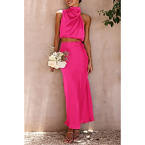 PRETTYGARDEN Women's 2 Piece Satin Outfits Summer Sleeveless Mock Neck Crop Tops and Long Skirt Dress Sets (Rose Red,Small)