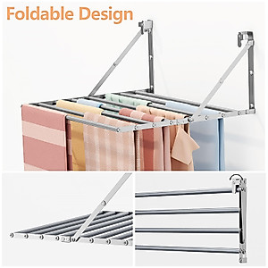 Bigzzia Wall Mounted Clothes Drying Rack, 24Inch Foldable Stainless Steel Drying Rack Clothing, 50 LB Capacity, Space Saver Laundry Rack with 8 Hanging Rods -Silver