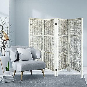 4 Panel Room Dividers, 5.2 Ft Width Wood Partition Room Dividers Wall Wooden Folding Privacy Screens Foldable Panel Wall Divider for Office Restaurant, Light Grey