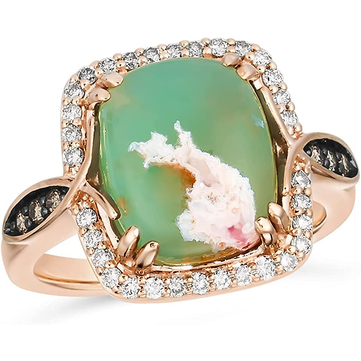 LE VIAN 4 2/3 Carat Cushion Shaped Green Aquaprase Cabochon White Topaz and Smokey Quartz Halo Statement Ring for Women in 14k Rose Gold Plated 925 Sterling Silver Promise Anniversary Ring Size 10
