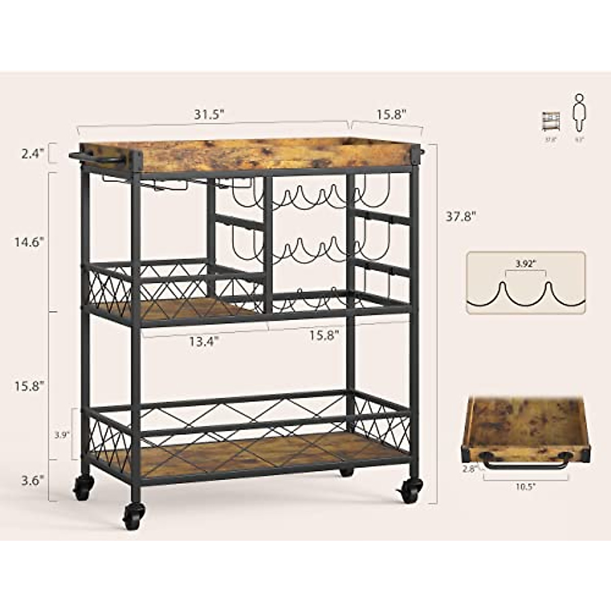 Gizoon 3 Tier 38" Home Bar Serving Cart with Large Storage Space, Mobile Kitchen Storage Trolley with Lockable Wheels, 12 Wine Rack, Glass Holder, Removable Tray (Retro)