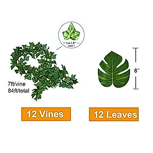 84FT Artificial Vines with Leaves Fake Ivy Foliage Flowers Hanging Garland 12PCS Individual Strands Plus 12PCS Faux Monstera Tropical Palm Leaves,Home Party Wall Garden Wedding Decors Indoor Outdoor