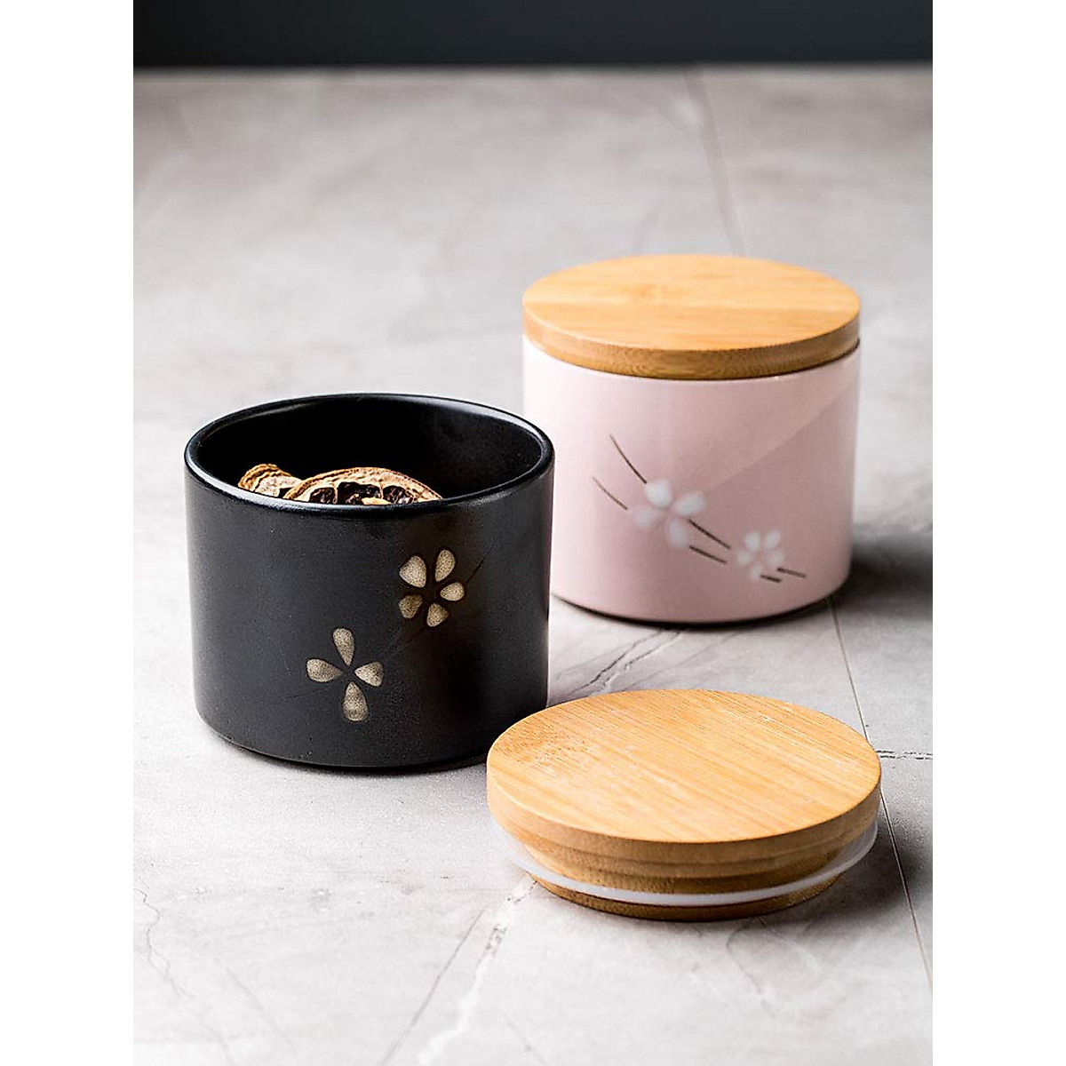 Ceramic Retro Flower Sugar Bowl Spice Jar Storage Pot with Wooden Lid