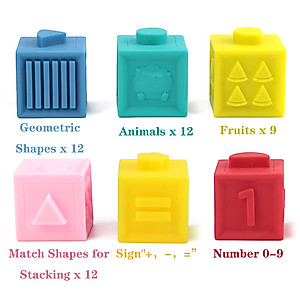 OWNONE 1 Baby Soft Blocks, 16PCS Stacking Building Blocks for Toddlers 1-3, Teething & Sensory Toys for Babies Infant 6 9 10 12 18 Months, Learning Developmental Toys for Boys & Girls 1 2 3 Years Old