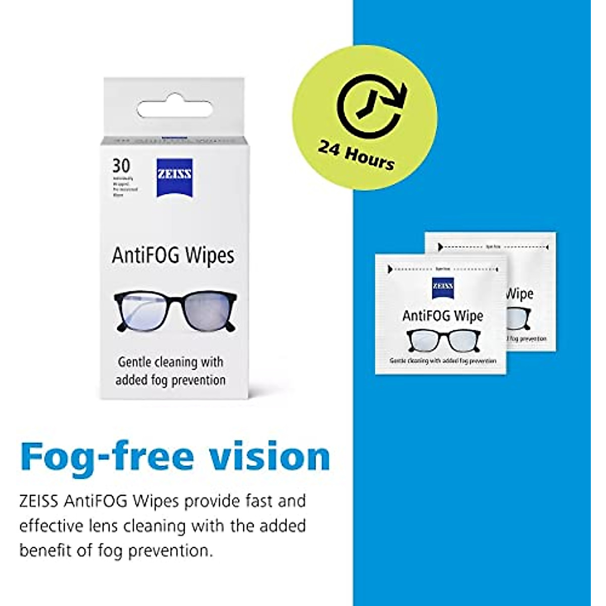 ZEISS Anti-Fog Lens Wipes, Pre-Moistened, Individually Wrapped Defogger Wipes for Coated Lenses, Binoculars, Scopes, Cameras, and Glasses, 30 Count