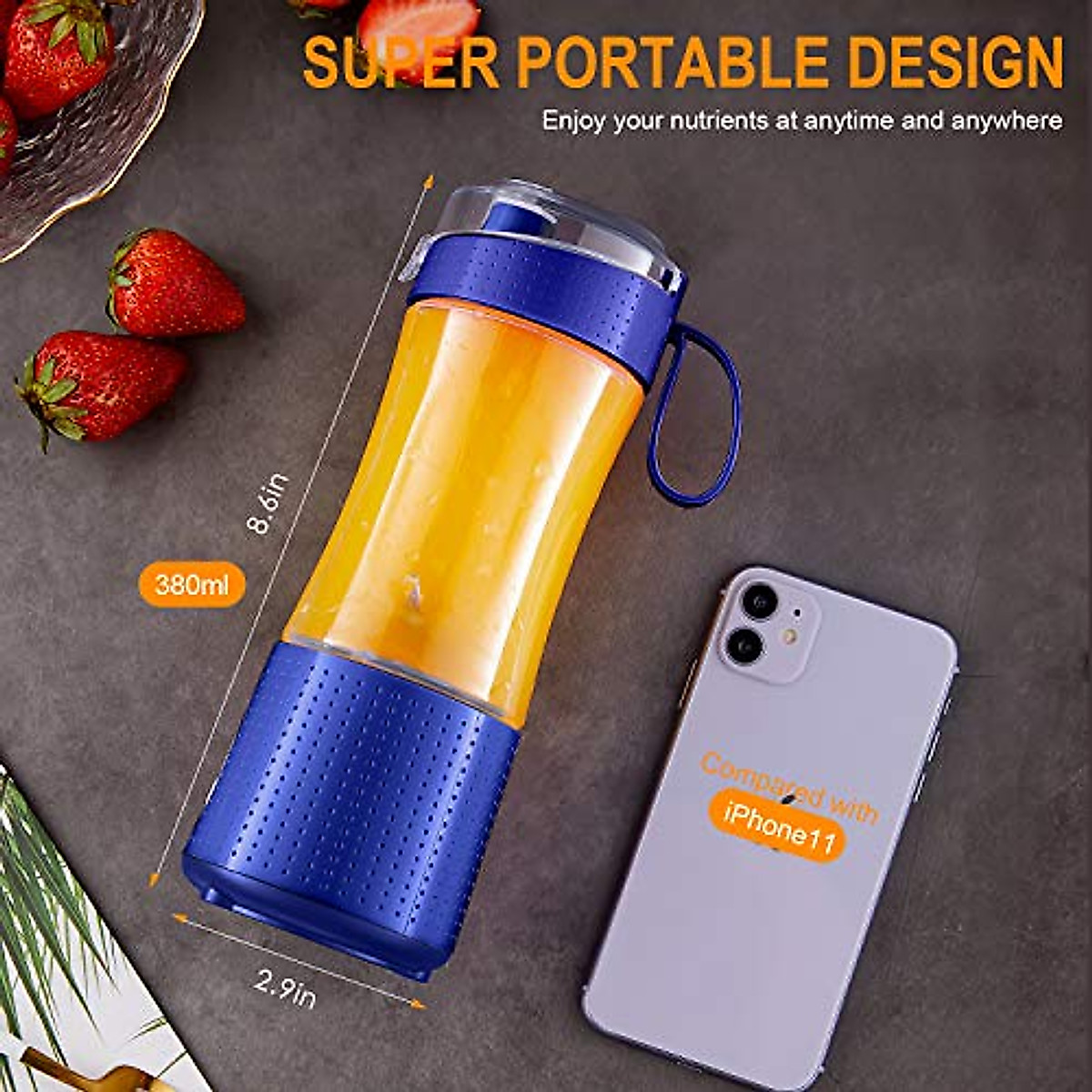 Portable Blender, Vaeqozva USB Rechargeable Smoothie on the Go Blender Cup with Straws, Protein Shakes Fruit Mini Mixer for Home, Sport, Office, Camping - Navy Blue