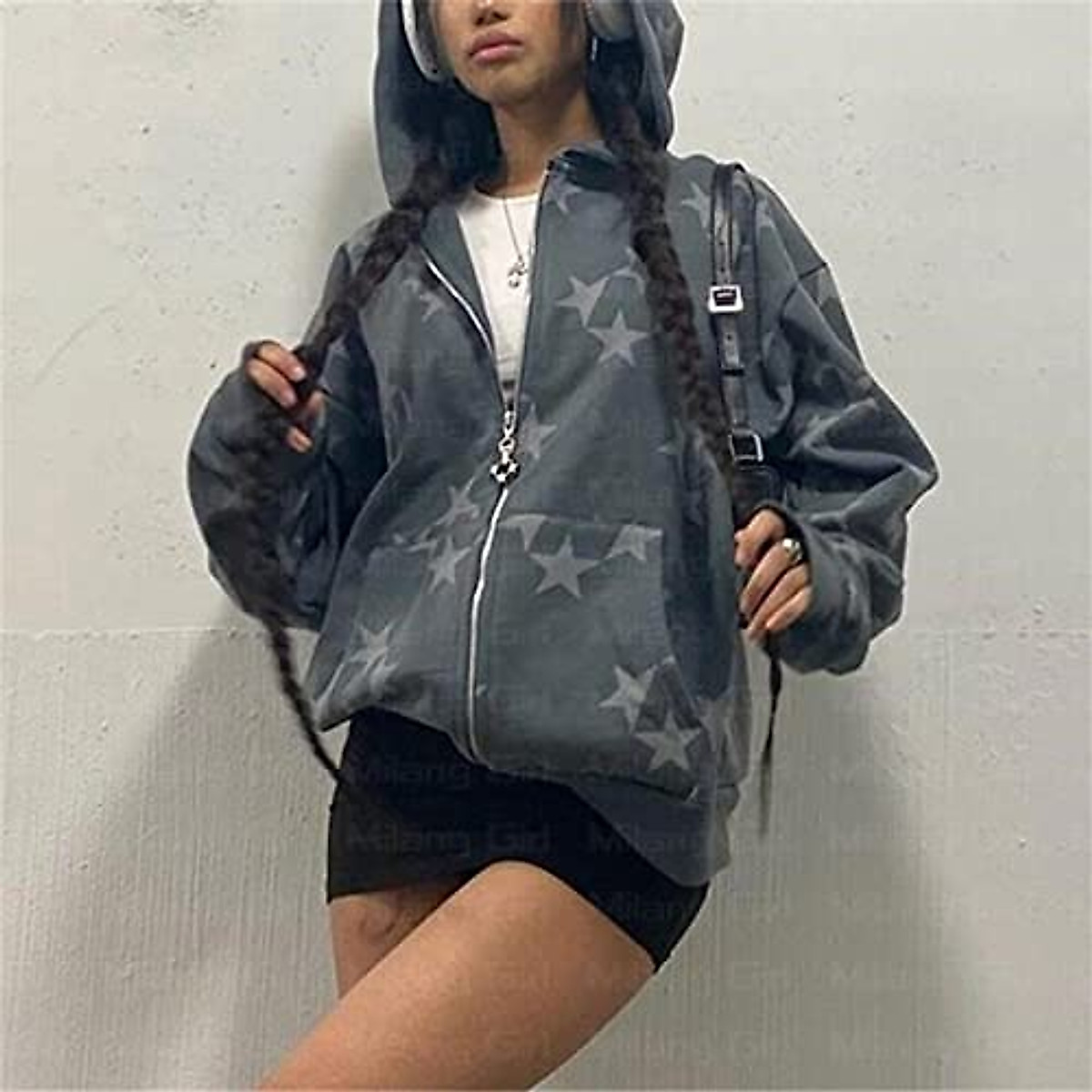 NaranjaBurbuja Y2k Zip Up Hoodies for Teen Girls Aesthetic Trendy Oversized Sweatshirt Womens 2022 Star Graphic Print Jackets Streetwear, S-xingxing Star Grey Dark 000
