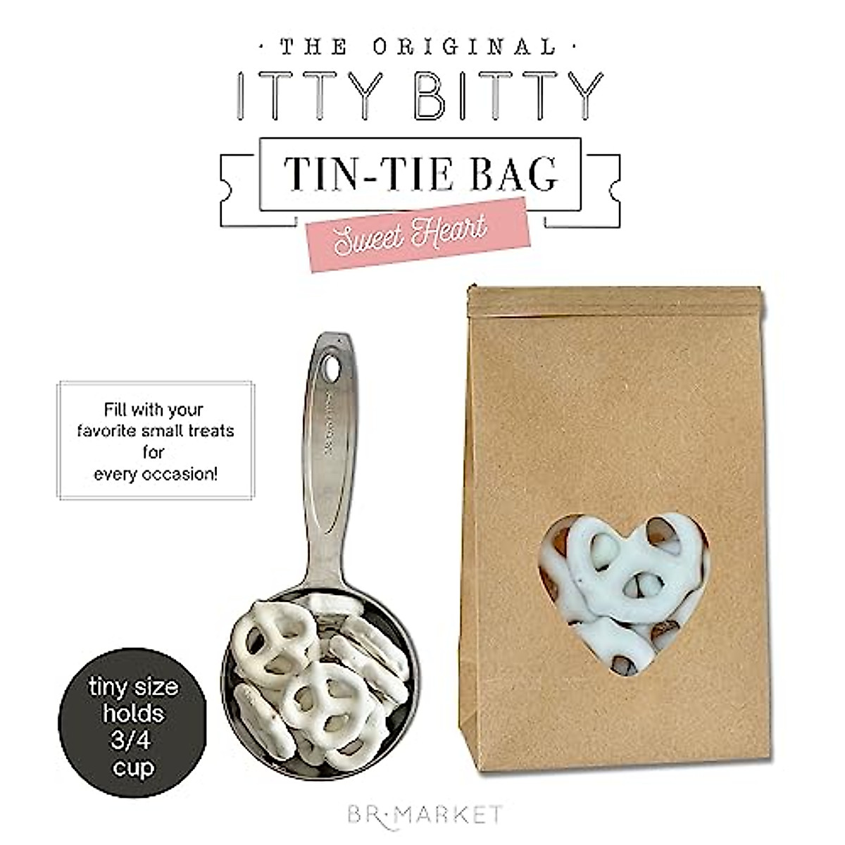 BR Market Kraft Paper Treat Bags - Extra Small with Heart Window, 50 Pcs, 3.3 x 5.5 x 2 Inch, Tin Tie Tab Lock, Brown Window, Perfect for Cookies, Coffee, Weddings