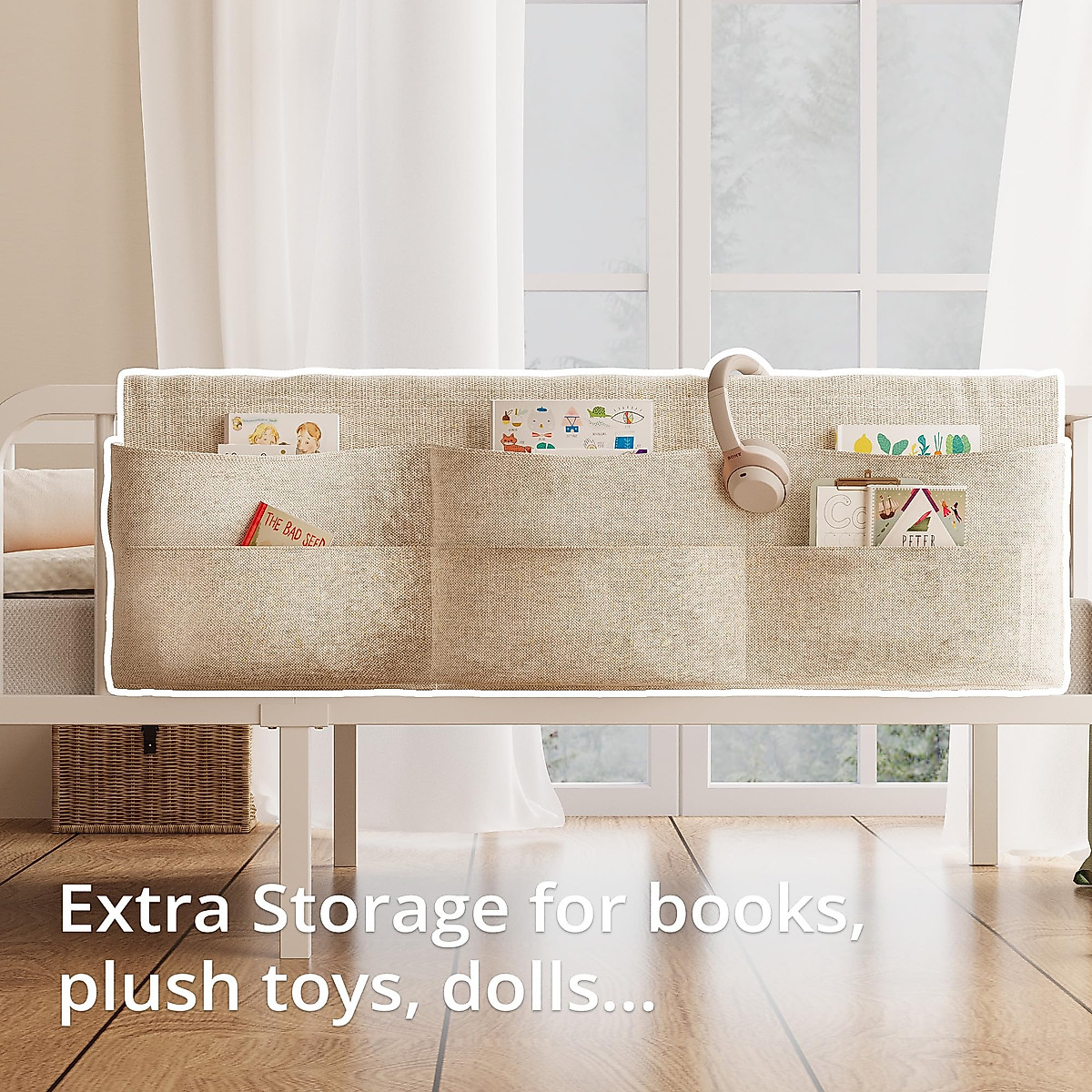 LIKIMIO Twin Bed Frame with Bedside Caddy and Guardrail, Durable Metal Platform Bed, Noise-Free No Box Spring Needed, White