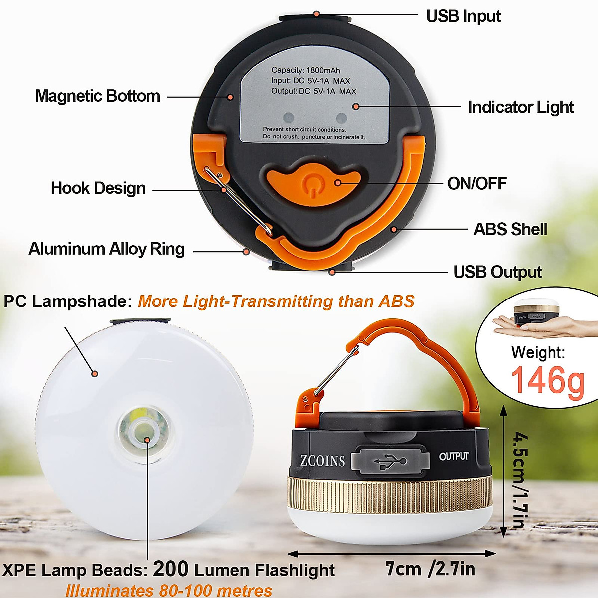 ZCOINS 2 Pack Camping Lights Lanterns, USB Rechargeable LED Tent Light with Magnetic Base, 4 Modes with Hook, Portable Waterproof Outdoor Camping Lantern for Hiking, Fishing, Emergency