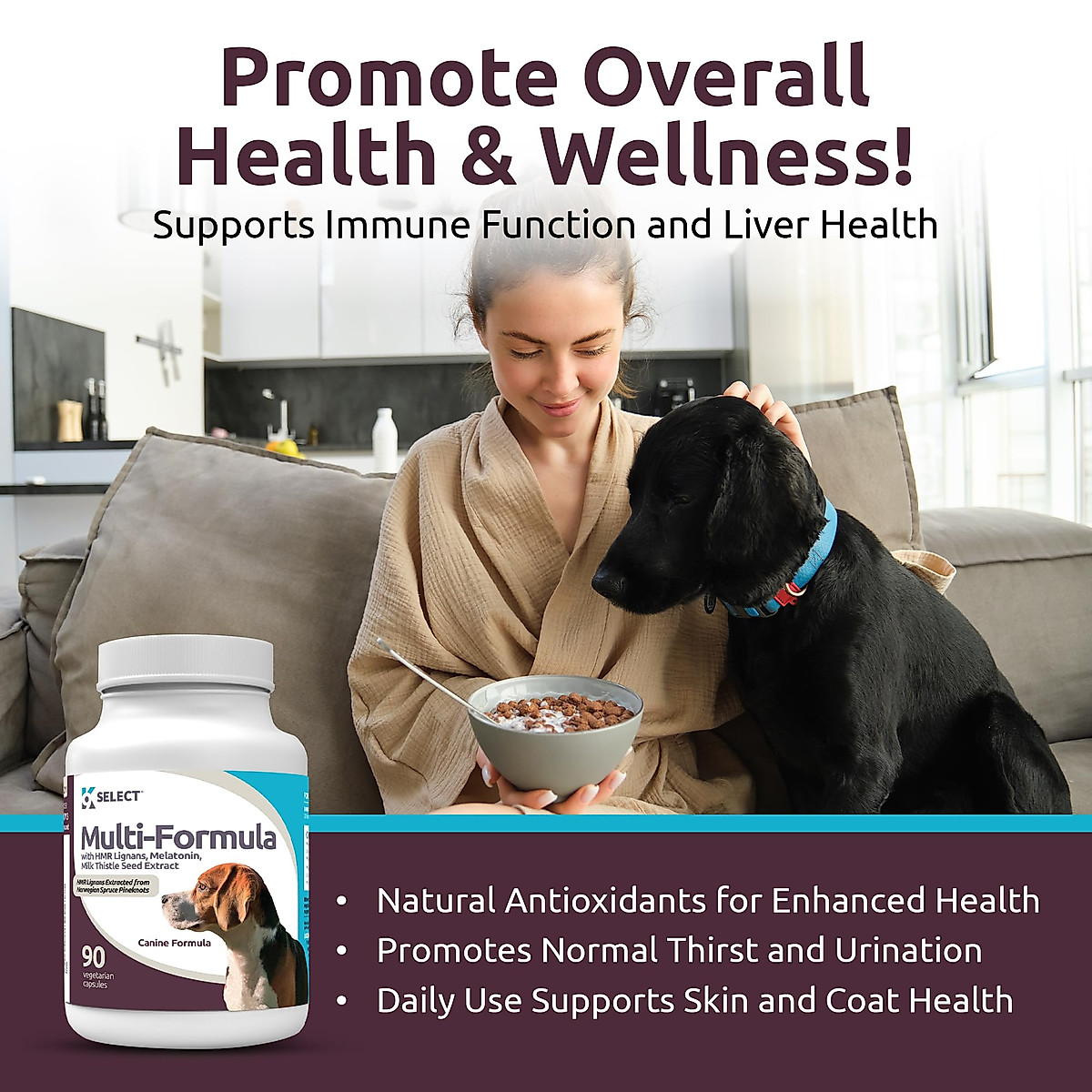 K9 Select Multi-Formula Dog Vitamins for Medium Dogs - 20mg HMR Lignans, 2mg Melatonin, 40mg Milk Thistle - Helps Heart, Liver, Digestion, Skin & Coat Health, Dog Multivitamin, 90 Capsules