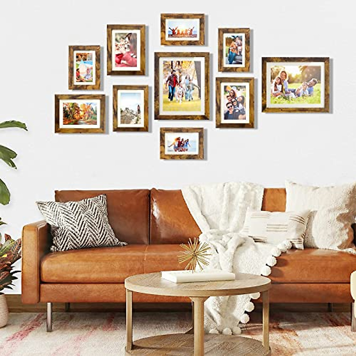 EOMEOH Picture Frames Set of 10, Wood Picture Frame with Mat and HD Glass Including 4×6 5×7 8×10 Inch Photo Frames for Wall or Tabletop (Brown)