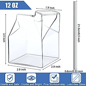 6 Pieces Clear Milk Carton Reusable Glass Container with 6 Stainless Steel Straws 12 oz Glass Milk Bottle Mini Creamer Pitcher Milk Carton Cup Hand Blown Box for Cocktail Juice Coffee Hot Water Coffee