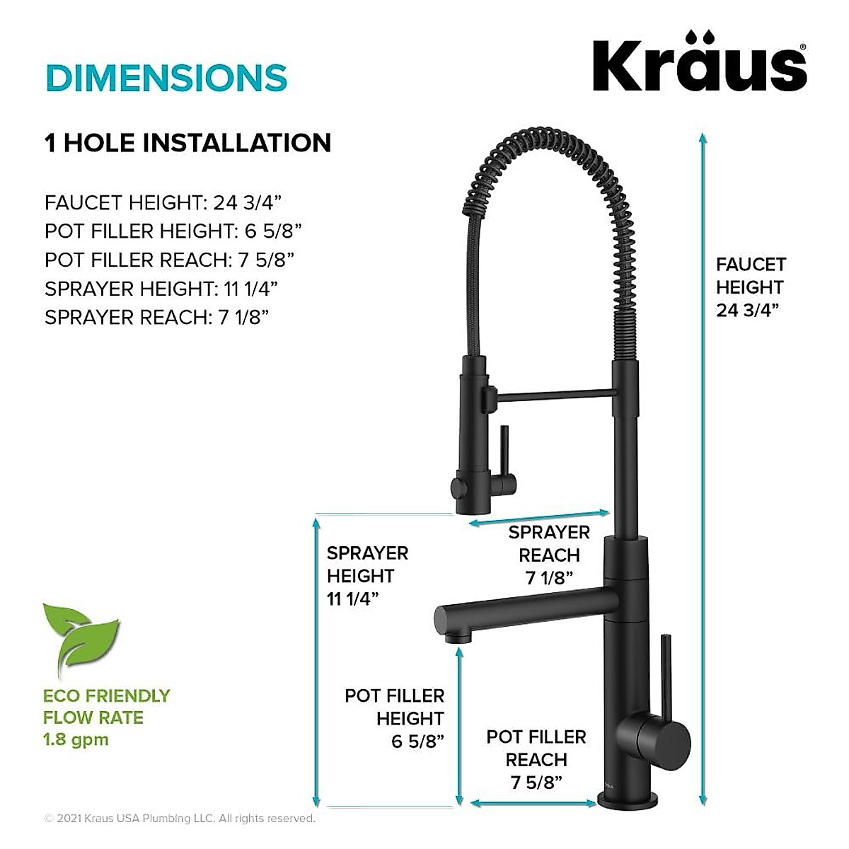 KRAUS Artec Pro Commercial Style Pre-Rinse Single Handle Kitchen Faucet with Pot Filler in Matte Black, KPF-1603MB