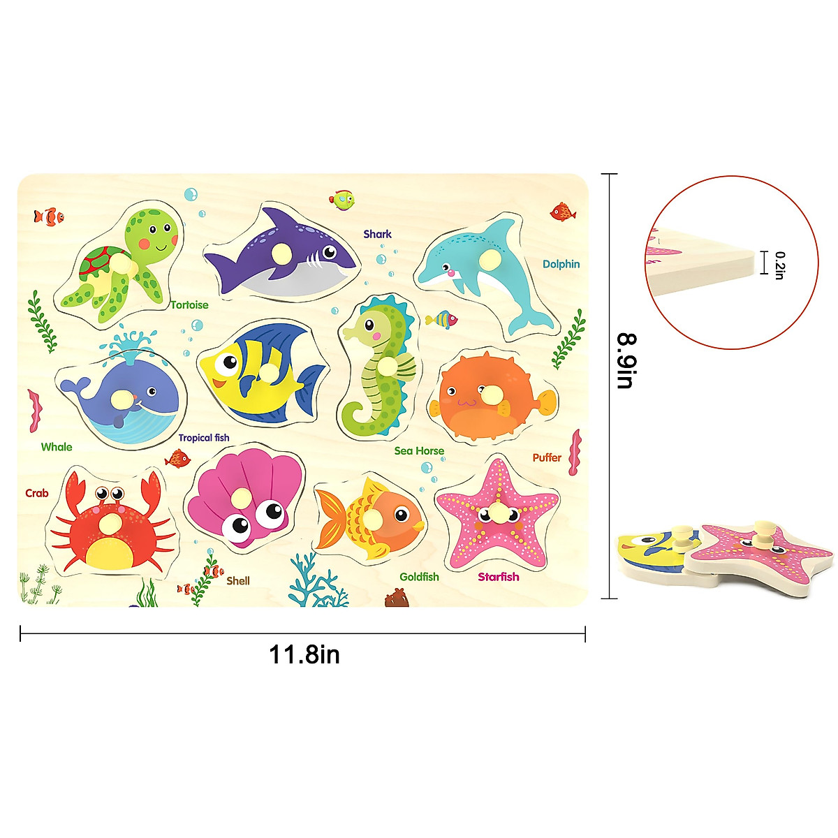 Wooden Peg Puzzle, Sea Creature Chunky Baby Puzzles, Colorful Wood Shape Puzzle Peg Board, Animal Knob Puzzle for Educational Toddlers 18 Months and Up, 11 Pieces