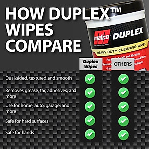 Malco Duplex Heavy Duty Cleaning Wipes for Home and Auto - Dual Sided Textured, Wet Wipes/Removes Grease, Tar, Paint, Oil, Dirt/No Residue/Safe for Hands/Made in USA (130 Wipes)