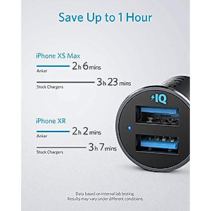 Anker 320 Car Charger (24W II), Mini Aluminum Alloy Dual USB Car Charger with Blue LED for iPhone 14 13 12 Pro Max mini X XS XR, iPad Pro/Air 2/Mini, Galaxy and more (Not Compatible with Quick Charge)