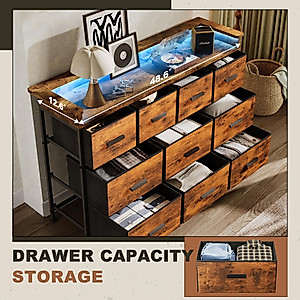 NASHZEN Dresser TV Stand with 10 Drawers, Dresser TV Stand with LED Lights & Power Outlets, Bedroom Makeup Dresser, Chest of Drawers up to 50'' Long TV, Wide Fabric Dresser with Shelf, Rustic Brown