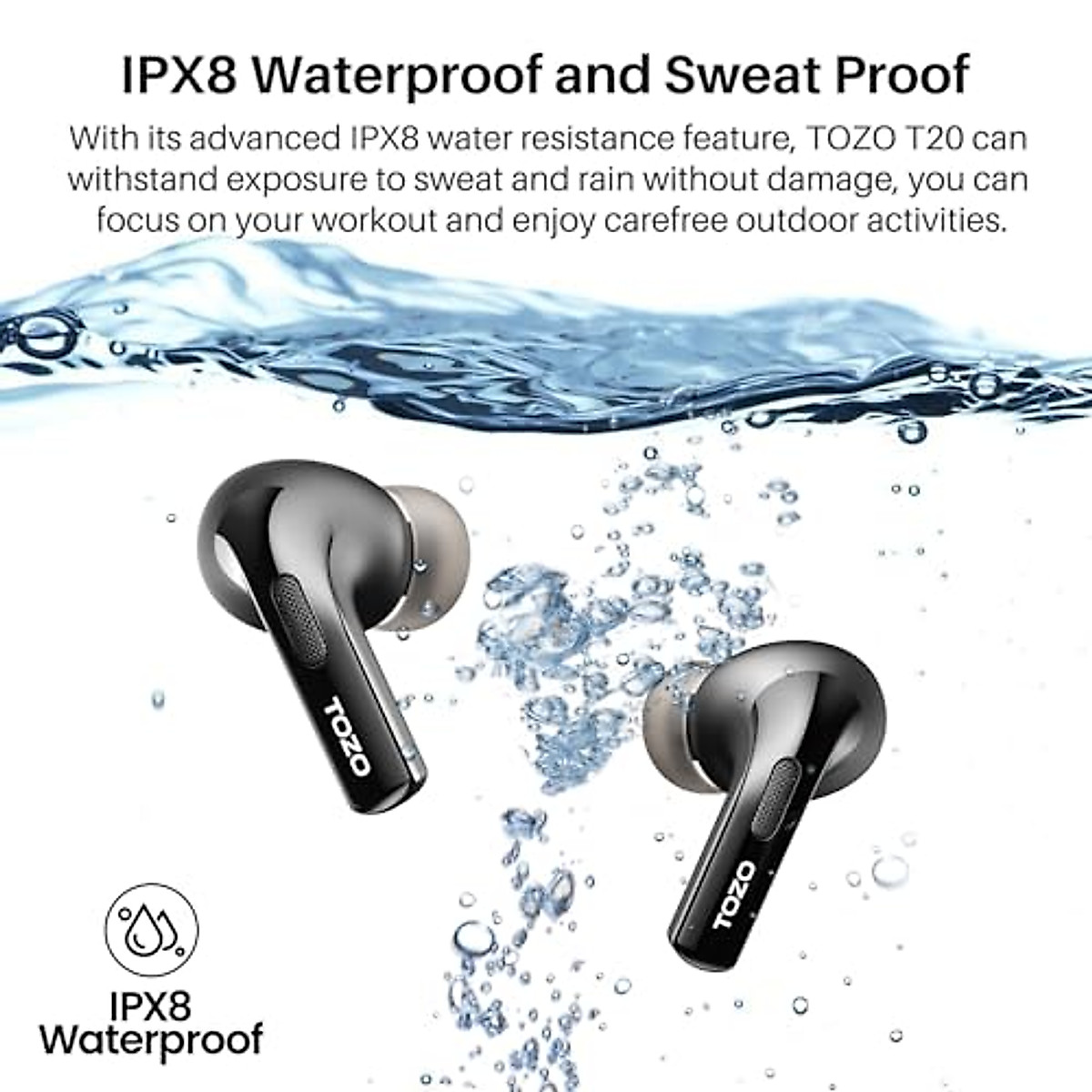TOZO T20 Wireless Earbuds Bluetooth Headphones 48.5 Hrs Playtime, IPX8 Waterproof, Dual Mic Call Noise Cancelling with Wireless Charging Case Black