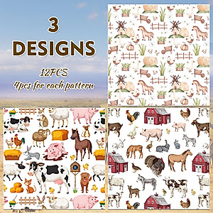 Bolsome 12 Sheets Red Barn Farm Animal Wrapping Paper Barnyard Gift Wrap Folded Wrapping Paper with Cow, Horse, Sheep, Goat, Pig, Duck, Chicken Pattern(20 inch x 28 inch sheet)