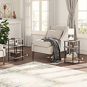 HOOBRO Set of 2 Side Tables with Charging Station and USB Ports, 3-Layer Stackable Nightstands, End Tables for Small Spaces in Bedroom, Living Room, Industrial Style, Greige and Black BG10UBZP201