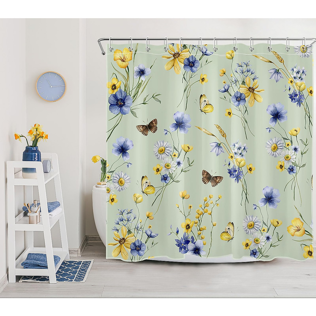 EOBTAIN Blue and Yellow Floral Shower Curtain for Bathroom Wildflower Botanical with Butterfly on Sage Green Shower Curtain with 12 Hooks Nature Plant Bathroom Curtains Shower Set 72x72 Inch