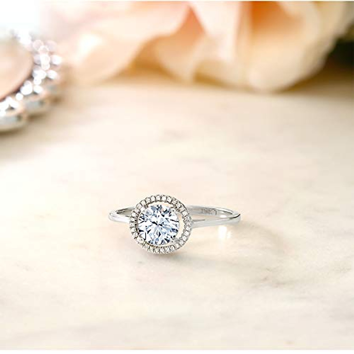 Gem Stone King 10K White Gold Gemstone Birthstone & Diamond Halo Promise Wedding Engagement Ring | Round 6MM | White Gold Ring For Women