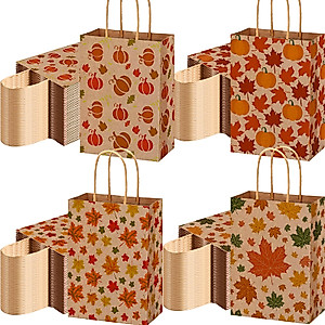 Yeaqee 100 Pcs Thanksgiving Treat Bags Fall Treat Bags Thanksgiving Kraft Paper Gift Bags with Handles Pumpkin Turkey Goodie Bags Party Favor Bags for Thanksgiving Fall Supplies Decor(Stylish Style)