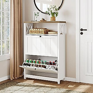 YITAHOME Shoe Cabinet with 2 Flip Drawers, Entryway Shoe Storage Cabinet with Open Shelves, Free Standing Hidden Shoe Rack Storage Organizer for Entryway/Hallway/Closet, White