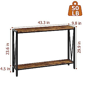 Amyove Console Table, 42.9" Rustic Entryway Table, Industrial 2-Tier Skinny Sofa Table with Shelf, Console Tables for Entryway, Living Room, Hallway, Foyer, Corridor, Office-Rustic Brown