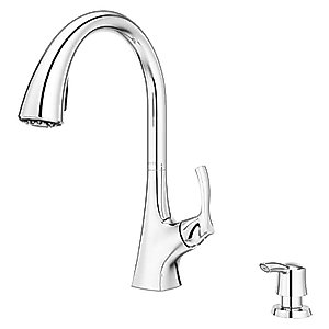 Pfister Masey Kitchen Faucet with Pull Down Sprayer and Soap Dispenser, Single Handle, High Arc, Polished Chrome Finish, F5297MCC