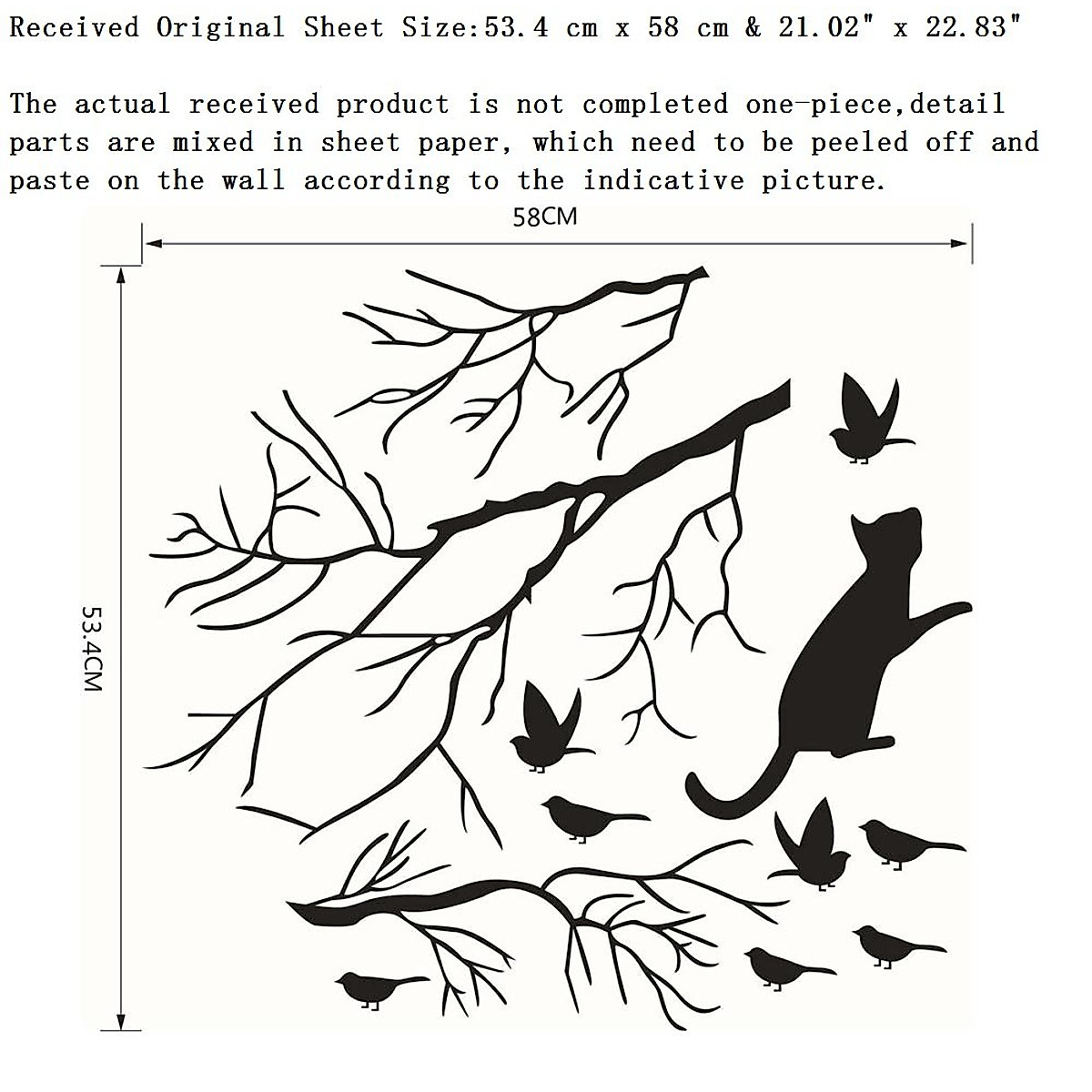 BIBITIME Vinyl Black Cat Staring at Birds on Tree Branch Wall Decal for Living Room Glass Door Window Nursery Bedroom Children Kids Baby Rooms Decor Home Art Murals