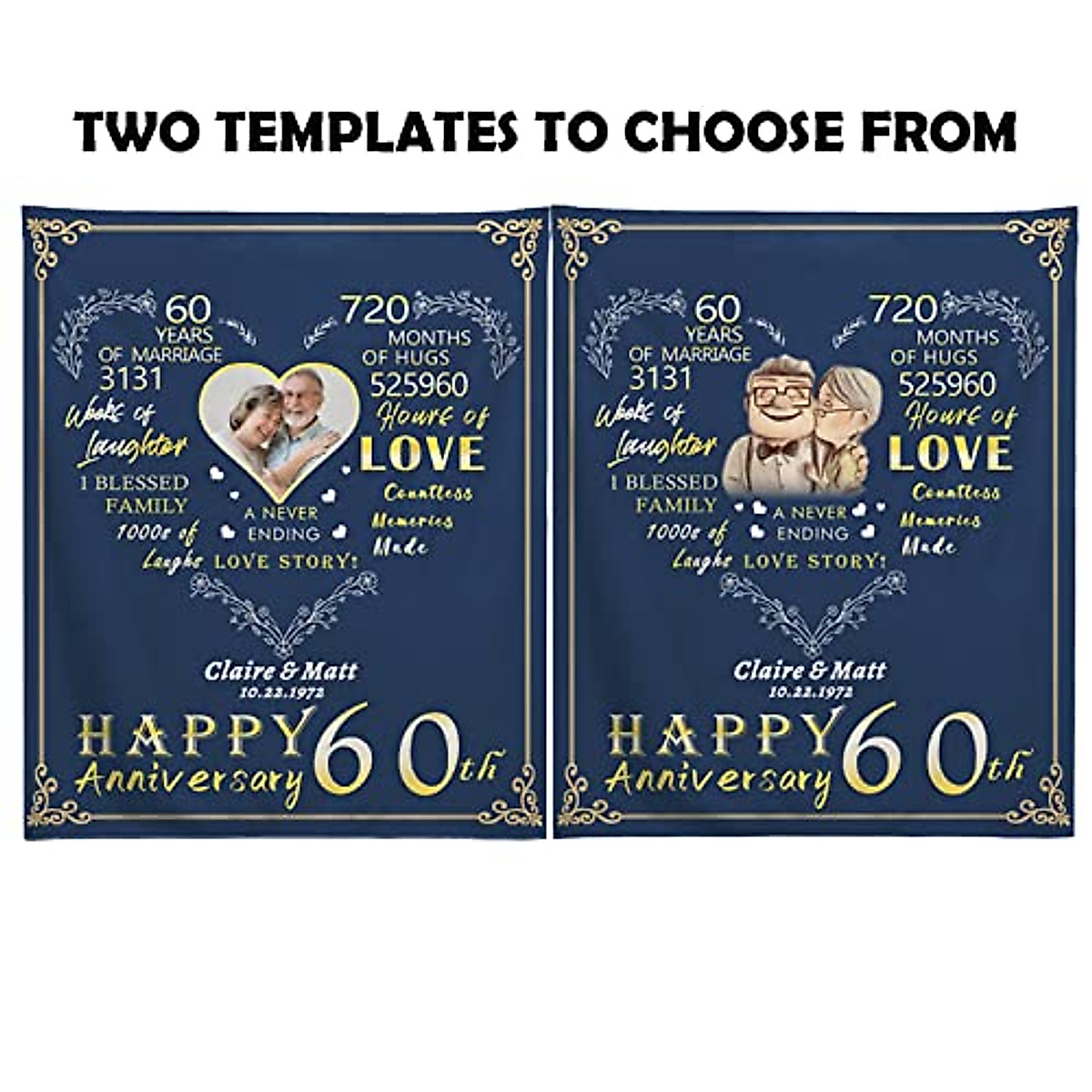 Custom Anniversary Blanket with Name Picture & Date, Personalized Gifts for 40th 50th 60th Wedding Anniversary, Custom Blanket for Couple, Golden 50 Years of Marriage Gifts for Dad, Mom, Grandparent