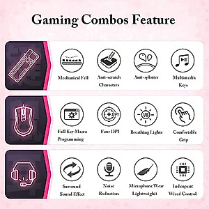 Feiyx Gaming Keyboard and Backlit Mouse and Headset Combo,USB Wired Backlit Keyboard,LED Gaming Keyboard Mouse Set,Headset with Microphone for PC,Laptop,Windows