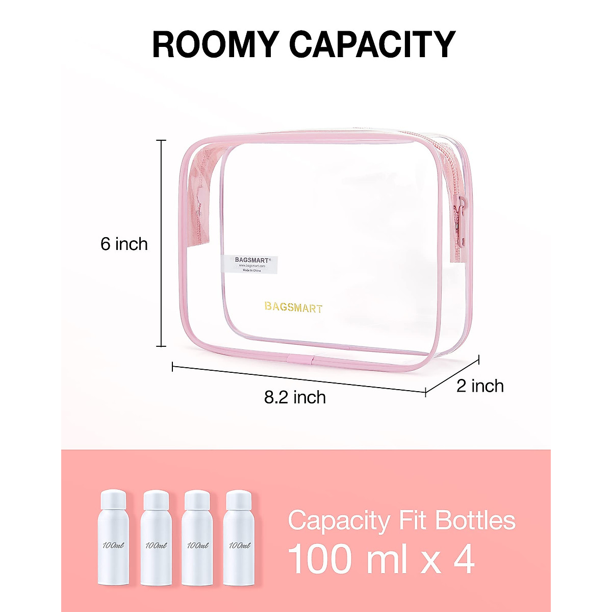 BAGSMART Clear Toiletry Bag, 2 Packs TSA Approved Water resistant Quart Size Travel Organizer, Airport Airline Travel Essential Carry On Makeup Cosmetic Bags for Women, Pink
