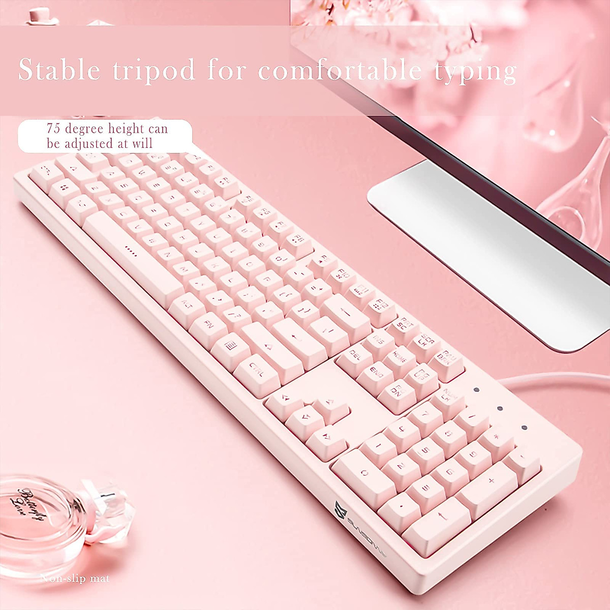VINMEN Pink Gaming Keyboard with 7 Color LED Backlit Wired USB 104 Keys Keyboard Waterproof Fresh Style Computer Game Keyboard for PC Mac Laptop