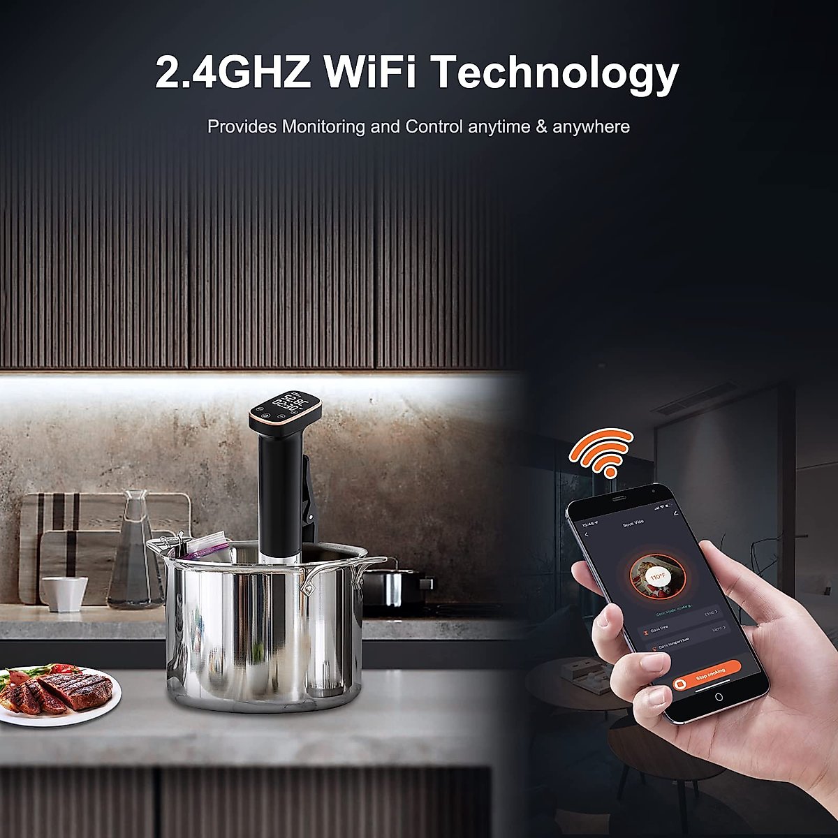 Sous Vide Cooker, Wifi Sous Vide Machine Cooker,IPX7 Waterproof, 1100W Fast-Heating Immersion Circulator with Recipes on APP,Accurate Temperature and Time Control, Low Noise