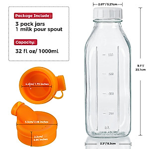 Dwbligt 32 oz Empty Glass Milk Bottles with Silicone Dispenser Cap, Glass Water Bottles with Leak Proof Lid and Scale Mark, Reusable Glass Jars for Juice, Milk, Iced Tea, Set of 3
