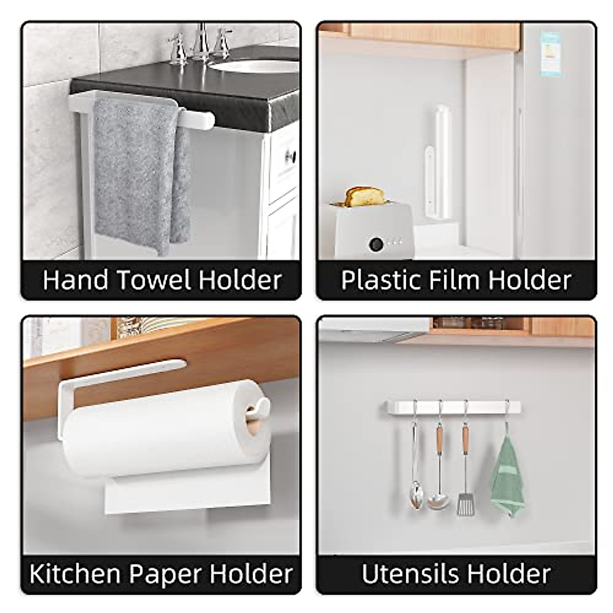 Paper Towel Holder - Self-Adhesive or Drilling, Wall-Mounted Paper Towel Rack White, Kitchen Towel Rack Under Cabinet, Suitable for Pantry, Kitchen, Bathroom