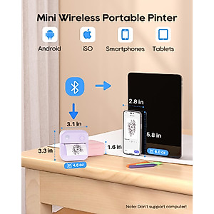 Print Pods Mini Thermal Printer Inkless Sticker Maker, Tiny Pocket Printer Machine for Phone, Wireless Bluetooth Portable Printers for Printing Sticky Note Label Receipt for Home Office School Purple