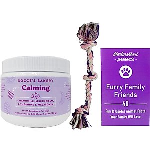 Bocce's Bakery Calming Soft Chews Health Supplement for Dogs with Chamomile, Lemon Balm, L-Theanine & Melatonin (60 Count) - Plus Rope Toy and Fun Animal Facts Booklet Bundle
