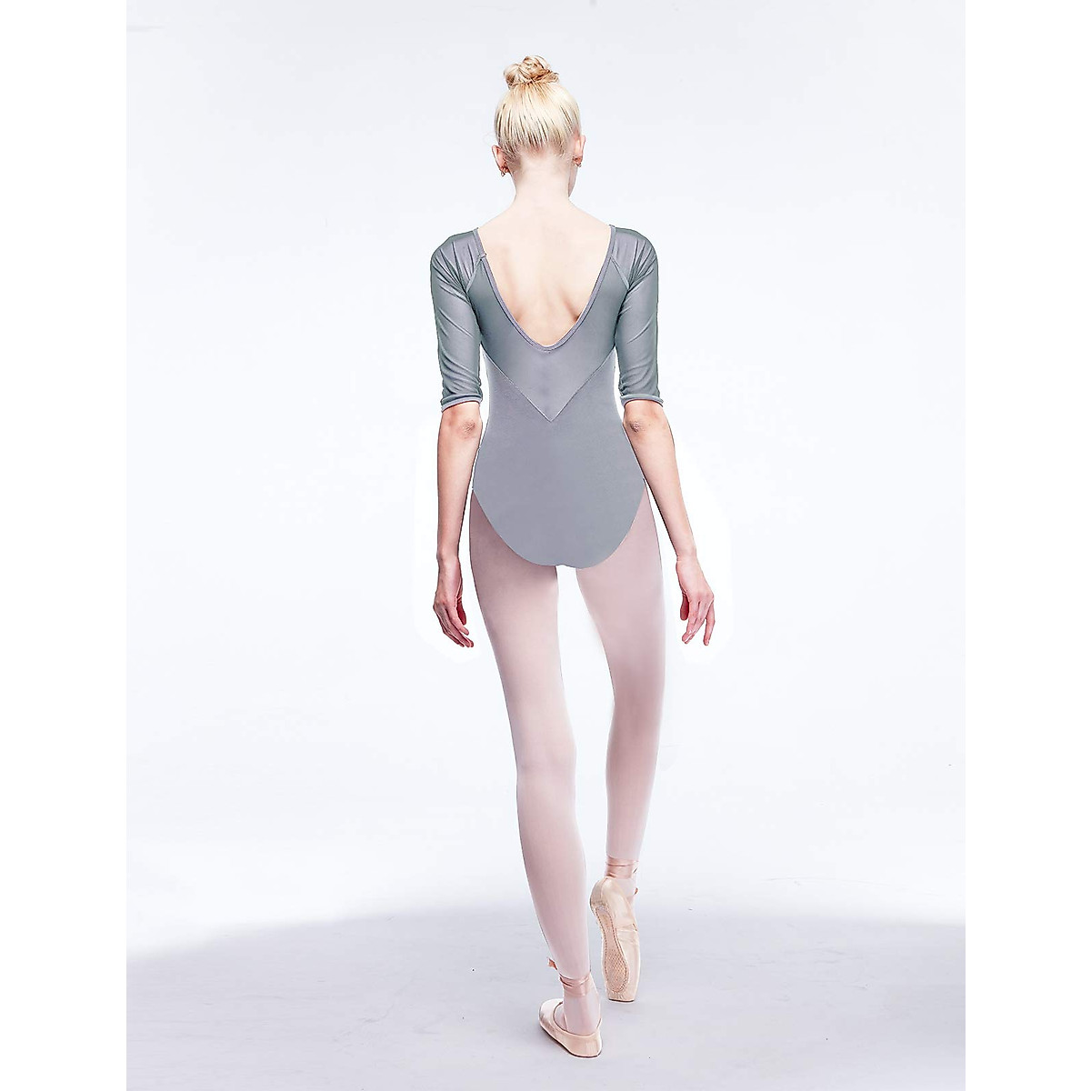 Cuulrite Ballet Dance Leotards for Women, Yoga Gymnastic Leotard Stretch Mesh Splice 34 Sleeve,Light Grey,Small
