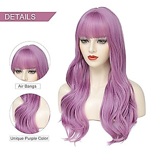 AISI QUEENS Long Purple Wigs for Women Purple Wig with Bangs Lavender Wig for Women Purple Wavy Wigs Purple Synthetic Heat Resistant Wigs for Daily Cosplay Party Winter Holiday Wig (26inch, Purple)