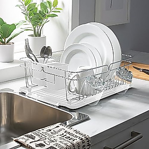 Kitchen Details 3 Piece Twisted Chrome Dish Drying Rack | Cutlery Basket | Drain Tray | Countertop | Sink | White