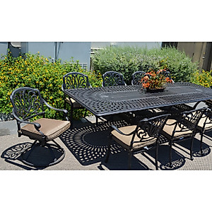 Patioland Elizabeth Outdoor Cast Aluminum Powder Coated 11-Piece Dining Set with Extendable 132in Rectangular Dining Table (Olefin Walnut Cushions)