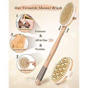 Shower Brush, POPCHOSE Detachable Dry Brushing Body Brush for Body Cellulite and Lymphatic, Back Scrubber for Shower Long Handle Natural Bristle Exfoliator Scrubber, Dual Brush Heads for Women & Man