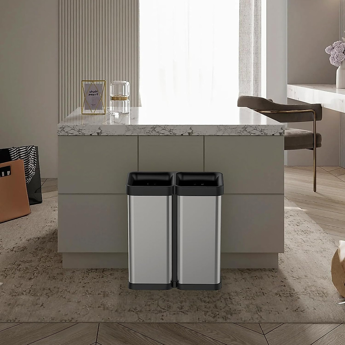 TrailBlaze 2x7.9 Gallon Kitchen Trash Can, Dual Compartment Waste Bins, Open Top, No Lid Stainless Steel Trash Bin for Kitchen, Office, Restaurant