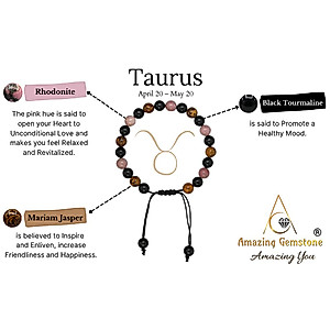 Taurus Zodiac Crystal Bracelet - Rhodonite Mariyam Jasper Black Tourmaline Birthstone Bracelets Women Men Healing Calming Anxiety Stress Relief Gifts (Adjustable)